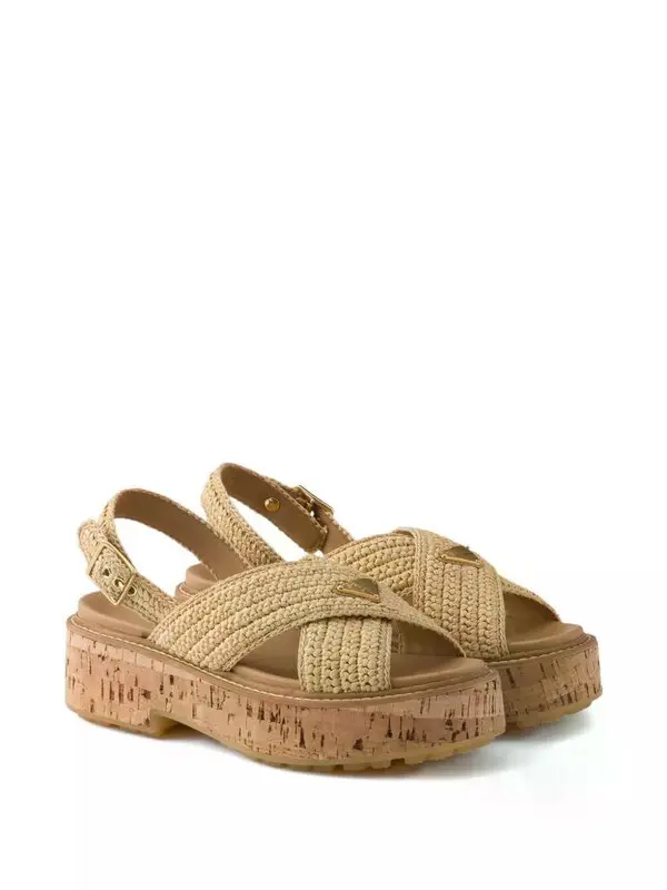 Prada Woven Platform Sandals With Logo Buckle - Neutrals