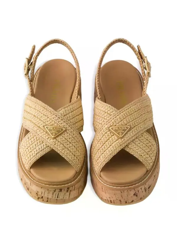 Prada Woven Platform Sandals With Logo Buckle - Neutrals