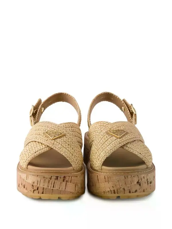 Prada Woven Platform Sandals With Logo Buckle - Neutrals