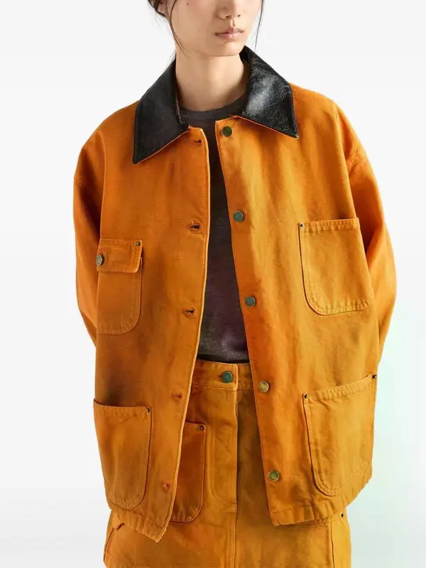 Prada Canvas Jacket With Leather Collar - Brown