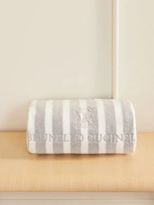 Brunello Cucinelli Embroidered Striped Cotton-terry Beach Towel - Gray