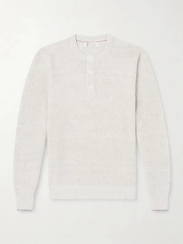 Brunello Cucinelli Ribbed Linen And Cotton-blend Henley Shirt - Neutrals