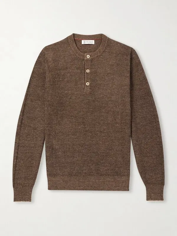Brunello Cucinelli Ribbed Henley Sweater - Brown
