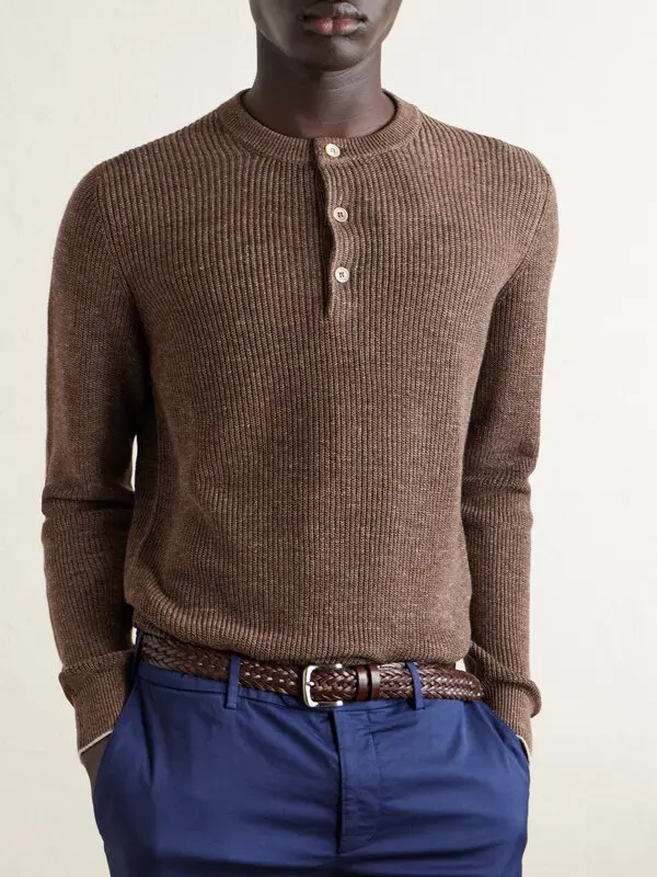 Brunello Cucinelli Ribbed Henley Sweater - Brown