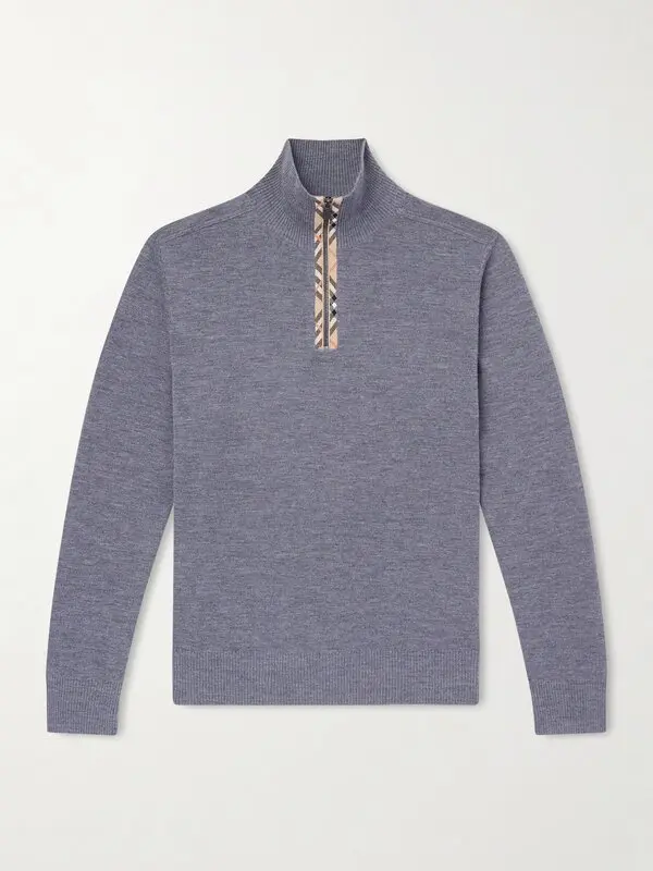 Burberry Checked Wool Half-zip Sweater - Gray