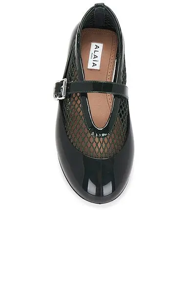 Alaïa Mesh And Patent Calfskin Flats With Buckle Closure - Vert Foret