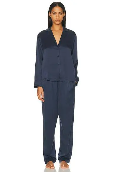 Lunya Washable Silk Long Sleeve Pant Pajama Set - Deep Blue