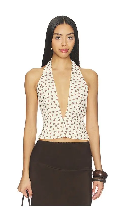Majorelle Leona Halter Top With Plunge Neckline And Tie Detail - Lemon,brown