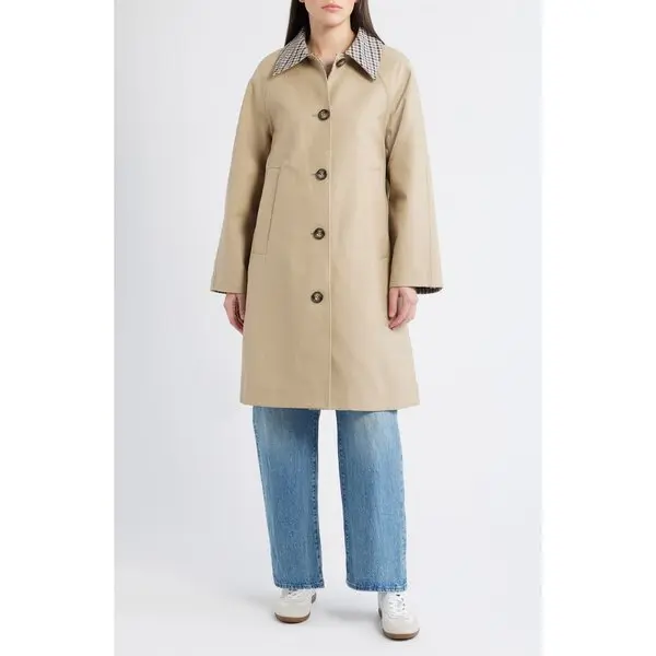 Bernardo Long Check Collar Raincoat - Khaki/check Print