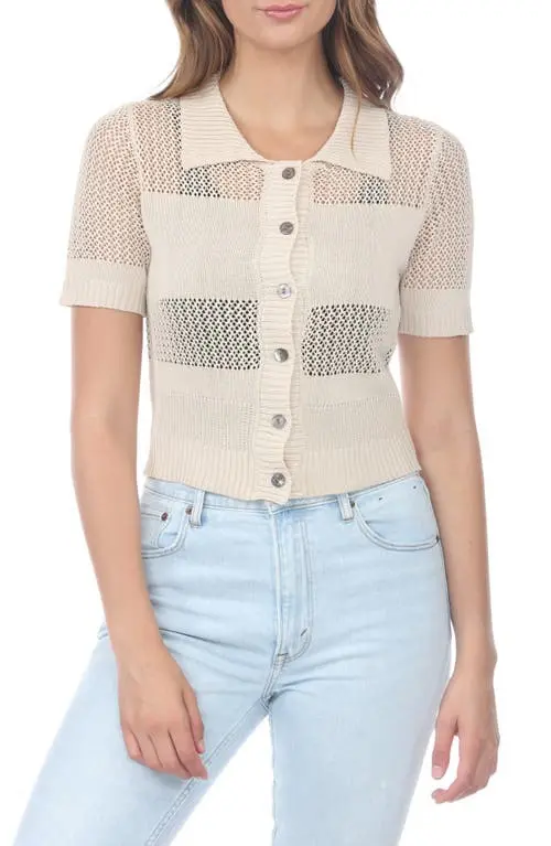 RAIN AND ROSE Cropped Openwork Cardigan Sweater - Beige
