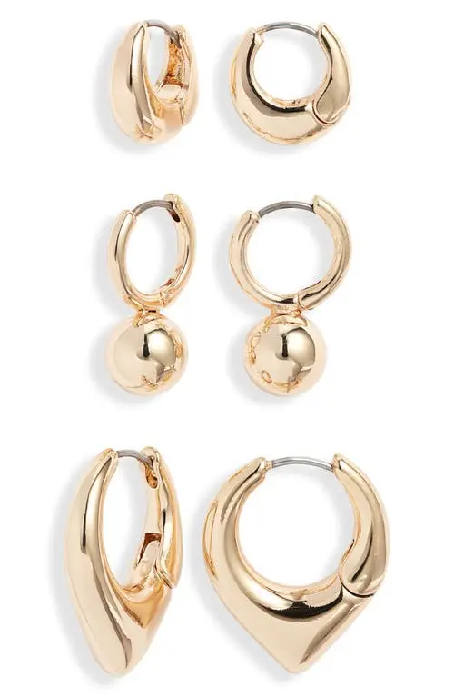 OPEN EDIT Set Of 3 Geometric Huggie Hoop Earrings - Gold