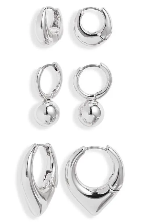 OPEN EDIT Set Of 3 Geometric Huggie Hoop Earrings - Silver