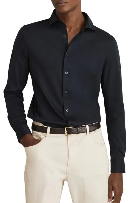 REISS Duke Air-water Slim Fit Knit Button-up Shirt - Navy