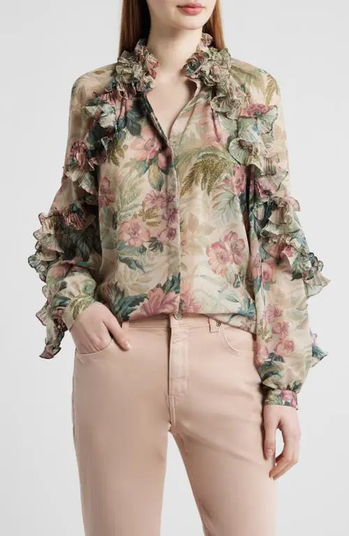 Kobi Halperin Esme Floral Ruffle Button-up Chiffon Shirt - Rose Multi