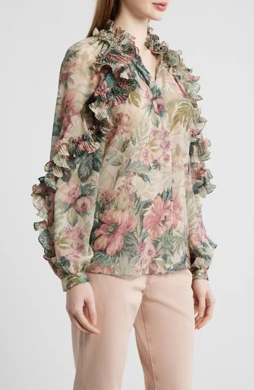 Kobi Halperin Esme Floral Ruffle Button-up Chiffon Shirt