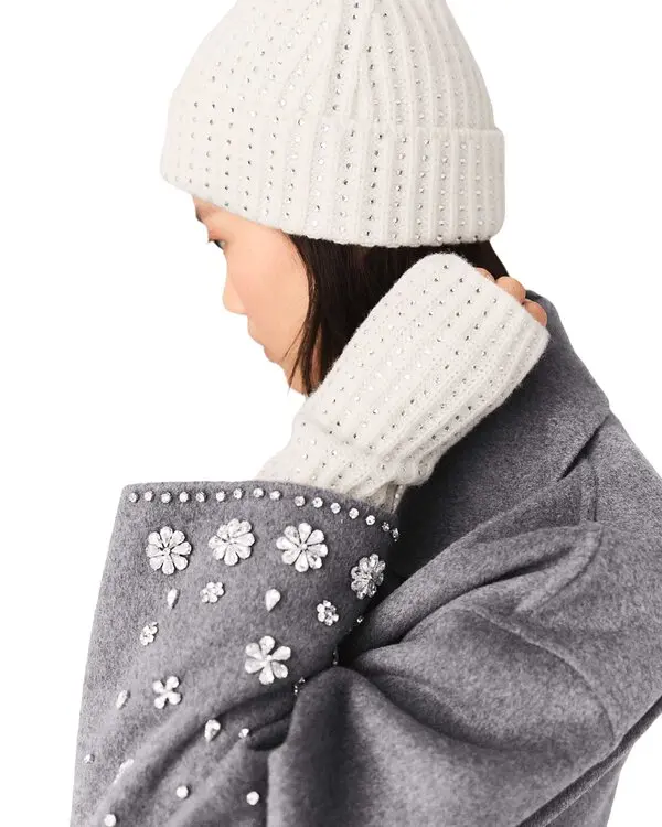 Maje Rhinestone Embellished Fingerless Mittens - Ecru