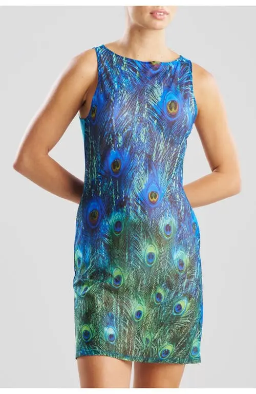 Natori Peacock Print Mesh Mini Dress
