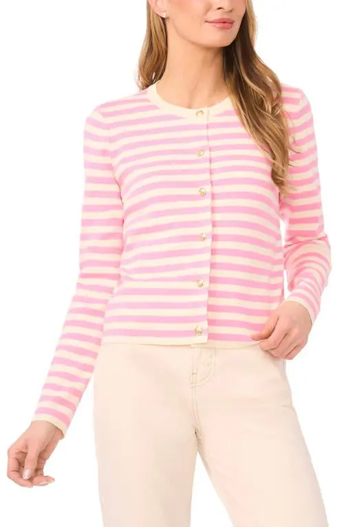 Halogen Stripe Crewneck Cardigan - Medium Pink