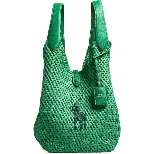 Polo Ralph Lauren Raffia And Leather Medium Tote - Parrot