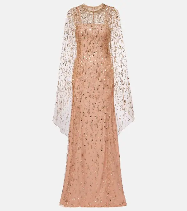 Jenny Packham Embellished Caped Gown - Pink