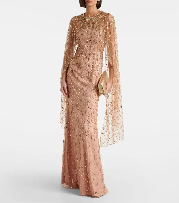 Jenny Packham Embellished Caped Gown - Pink