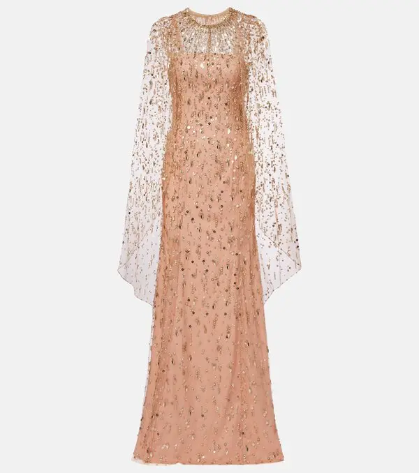 Jenny Packham Embellished Caped Gown - Pink