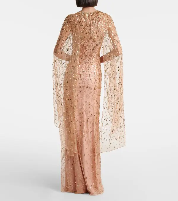 Jenny Packham Embellished Caped Gown - Pink