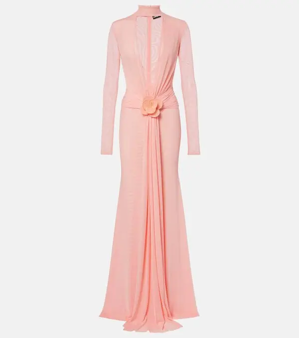 David Koma Draped Floral-appliqué Mesh Gown