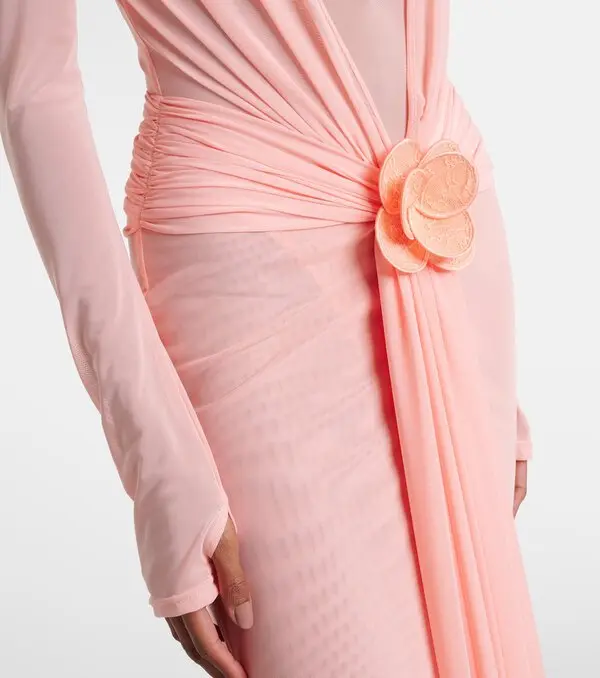 David Koma Draped Floral-appliqué Mesh Gown