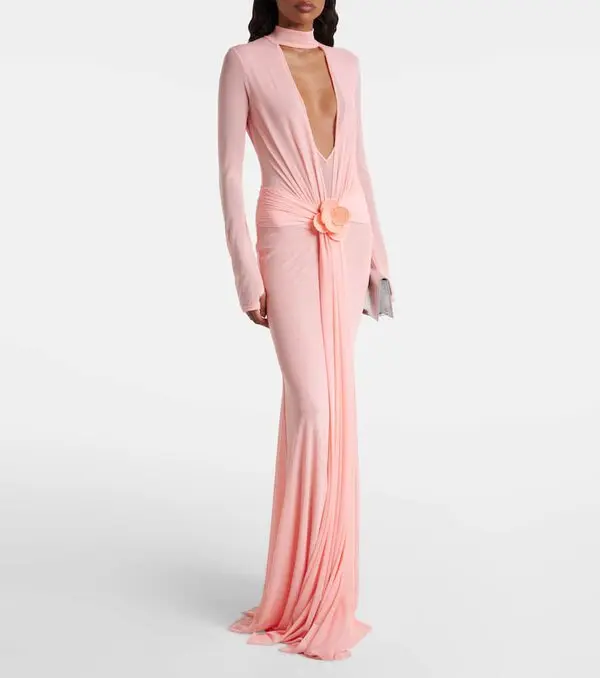 David Koma Draped Floral-appliqué Mesh Gown
