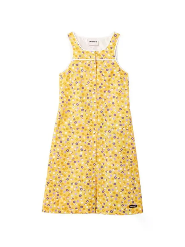 Miu Miu Midi Floral Print Buttoned Poplin Dress - Yellow