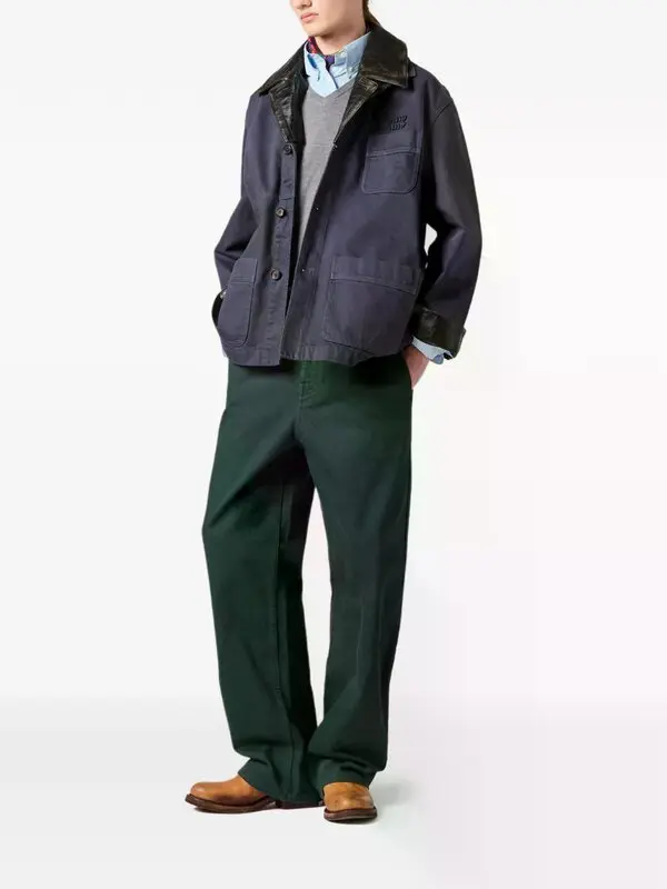 Miu Miu Leather-collar Logo-embroidered Jacket - Blue