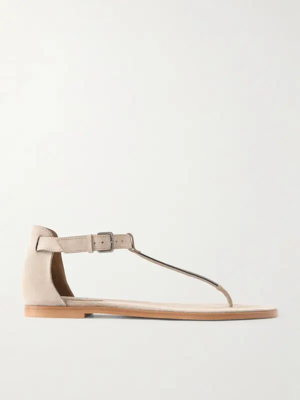 Brunello Cucinelli Bead-embellished Suede Sandals - Brown