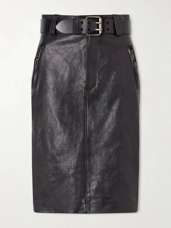 Saint Laurent Belted Textured-leather Midi Skirt