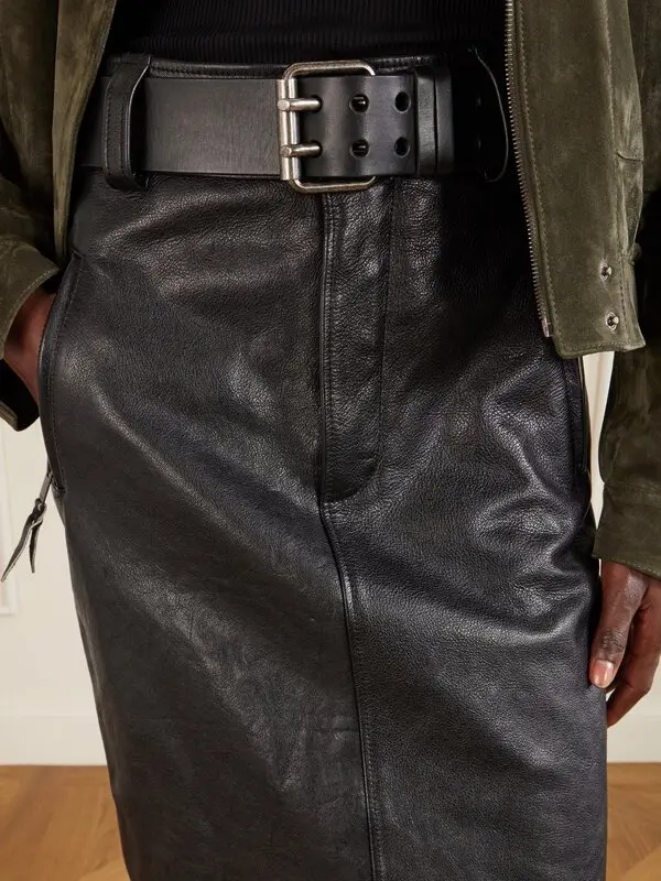 Saint Laurent Belted Textured-leather Midi Skirt