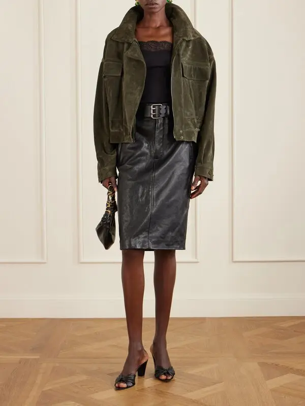 Saint Laurent Belted Textured-leather Midi Skirt - Black