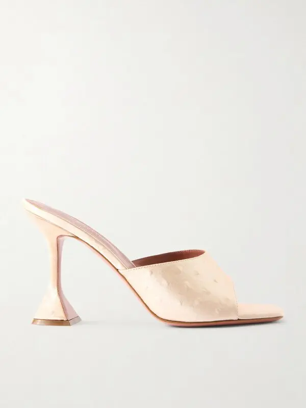 Amina Muaddi Lupita Ostrich-effect Satin Mules - Neutrals