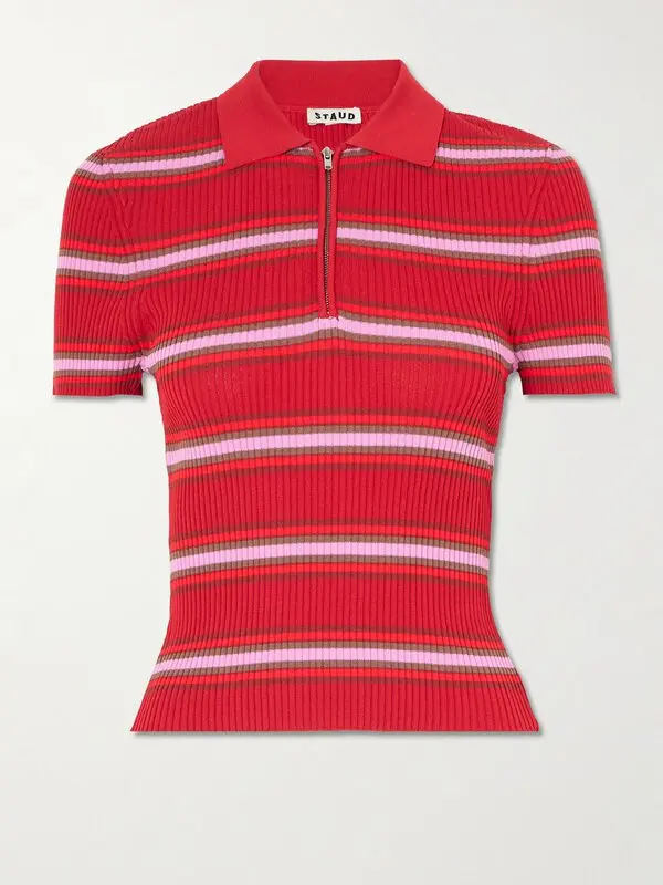 Staud Ren Striped Ribbed-knit Polo Shirt