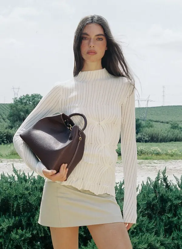 ELLEME Raisin Handbag In Caviar Leather With White Stitching - Brown