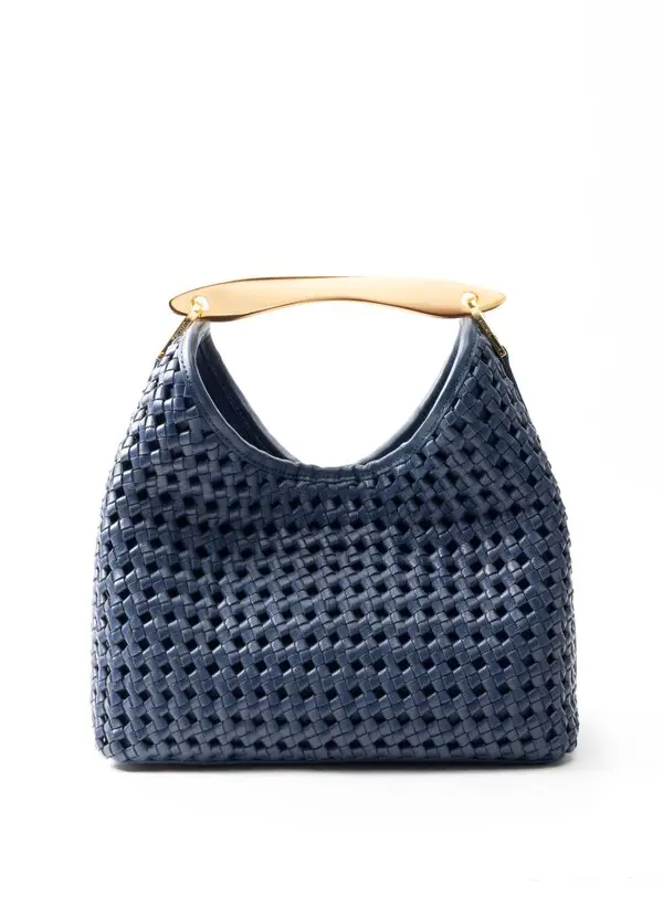ELLEME Boomerang Large Woven Leather Top Handle Bag - Navy