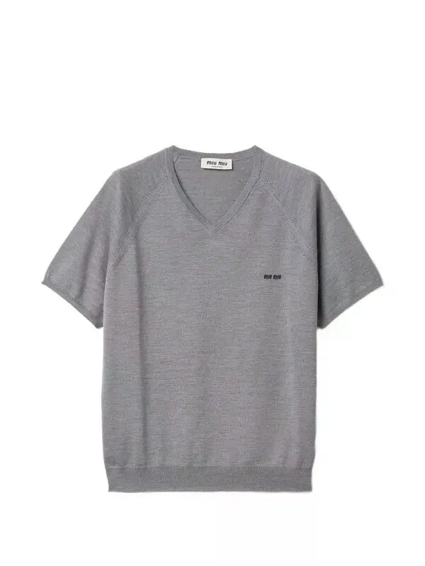 Miu Miu Wool V-neck Short Sleeve Sweater With Intarsia Logo - Grey