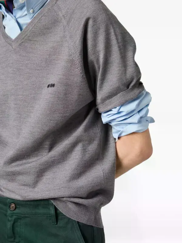 Miu Miu Wool V-neck Short Sleeve Sweater With Intarsia Logo - Grey