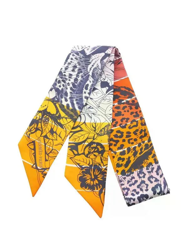 Hermès 2000s Twilly Jungle Love Ribbon Scarf - Orange
