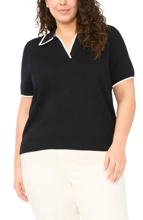 Halogen Tipped Johnny Collar Short Sleeve Sweater - Rich Black