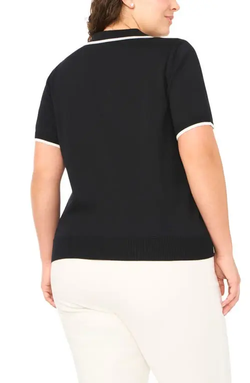 Halogen Tipped Johnny Collar Short Sleeve Sweater - Rich Black