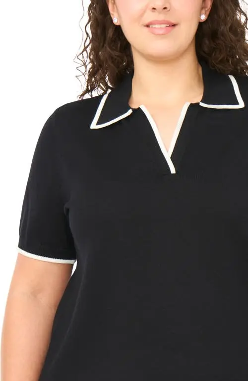 Halogen Tipped Johnny Collar Short Sleeve Sweater - Rich Black