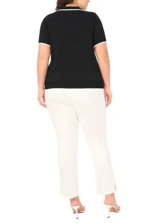 Halogen Tipped Johnny Collar Short Sleeve Sweater - Rich Black