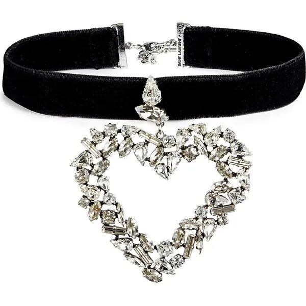 Saint Laurent Oversize Heart Pendant Choker Necklace - 8334 Argent Oxyde/crystal