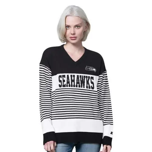 STARTER Seattle Seahawks No Huddle Striped V-neck Sweater - Black