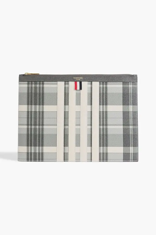 Thom Browne Checked Pebbled-leather Pouch - Gray